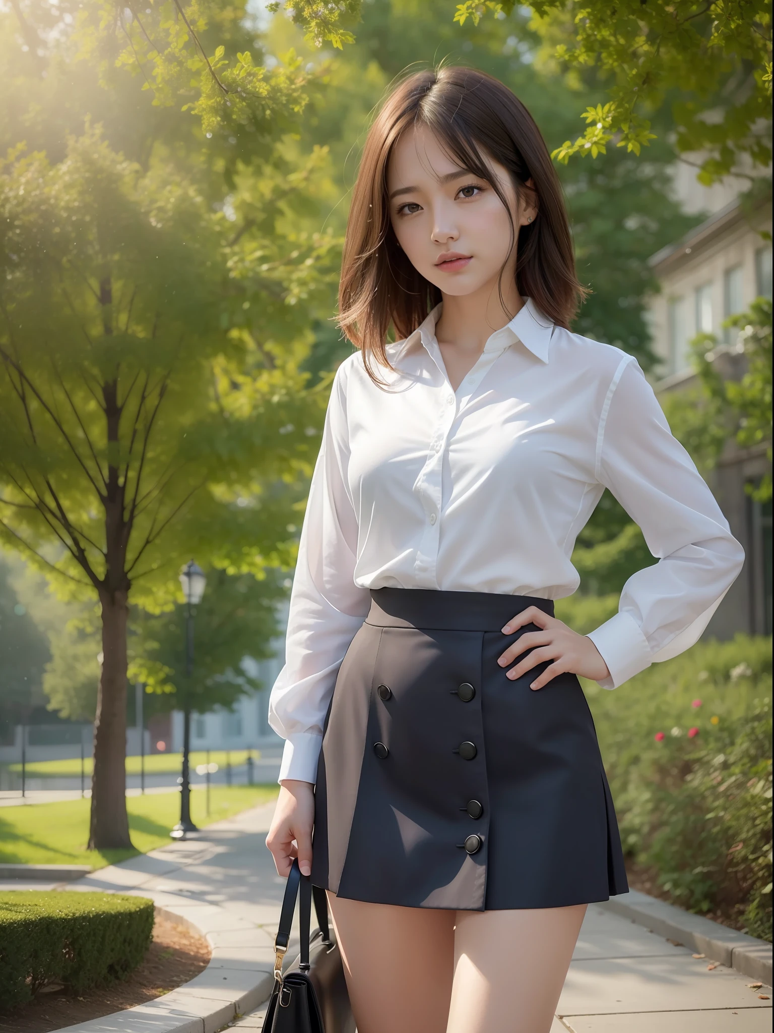 Arafed asian woman in a skirt and shirt posing for a picture - SeaArt AI