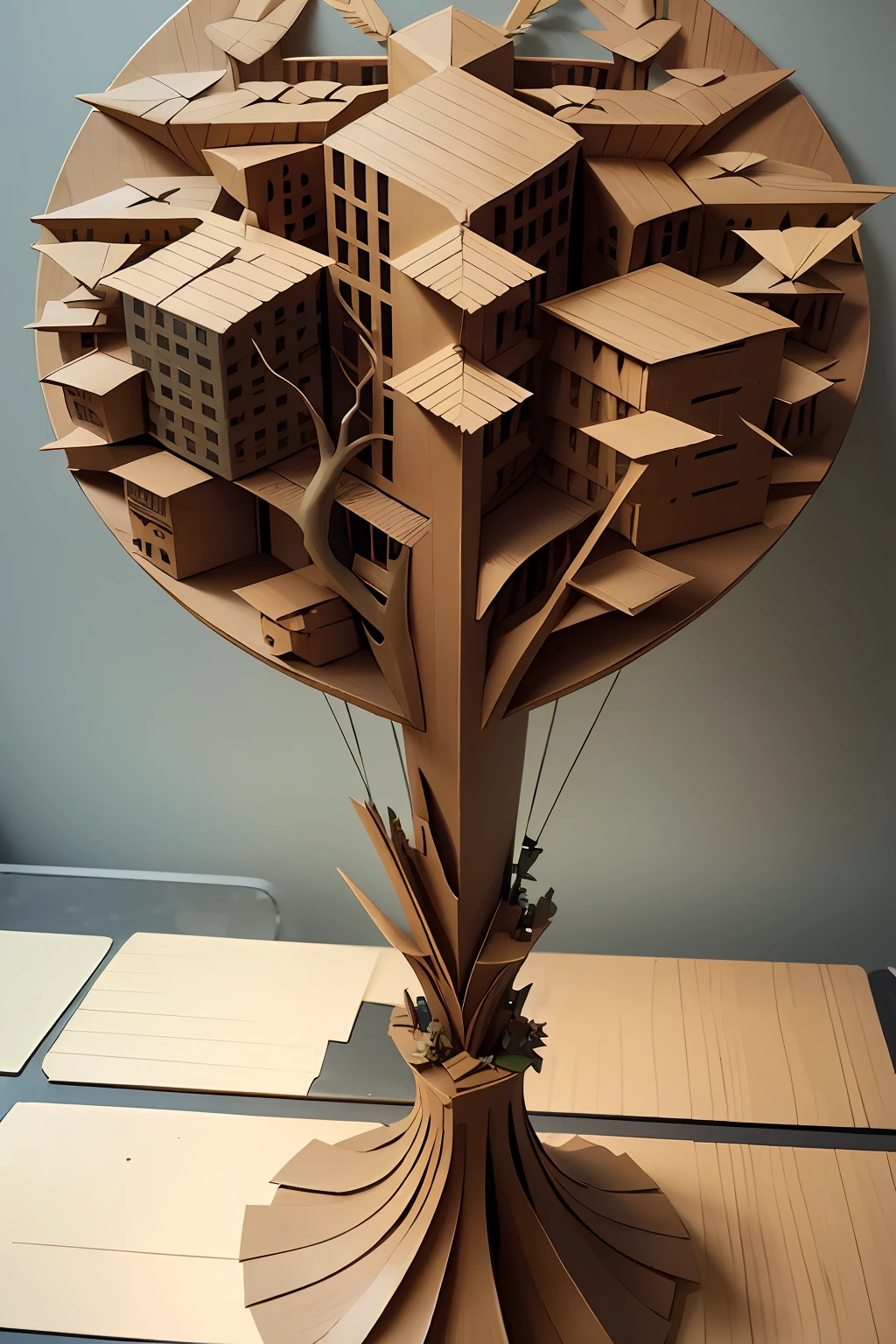 cut and folded cardboard forming trees, cranes and planes. Scultures. 3 ...