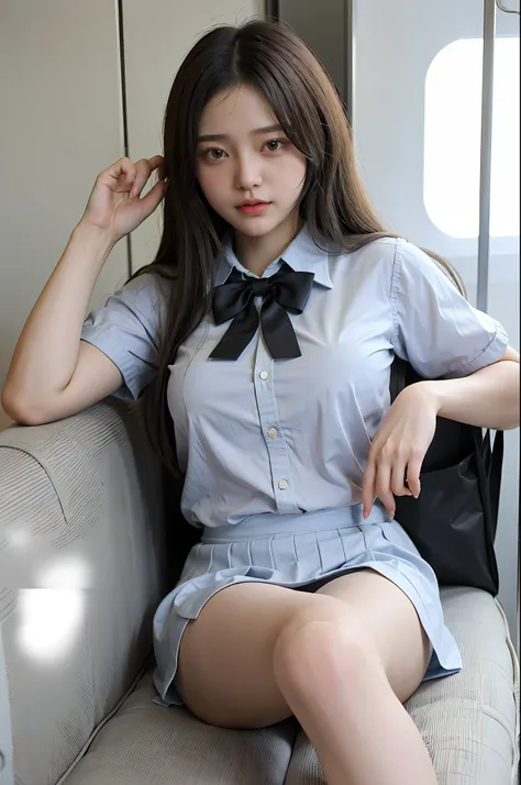 Low angle shot, Alafed asian woman in short skirt and bow tie sitting on train, cute schoolgirl ...