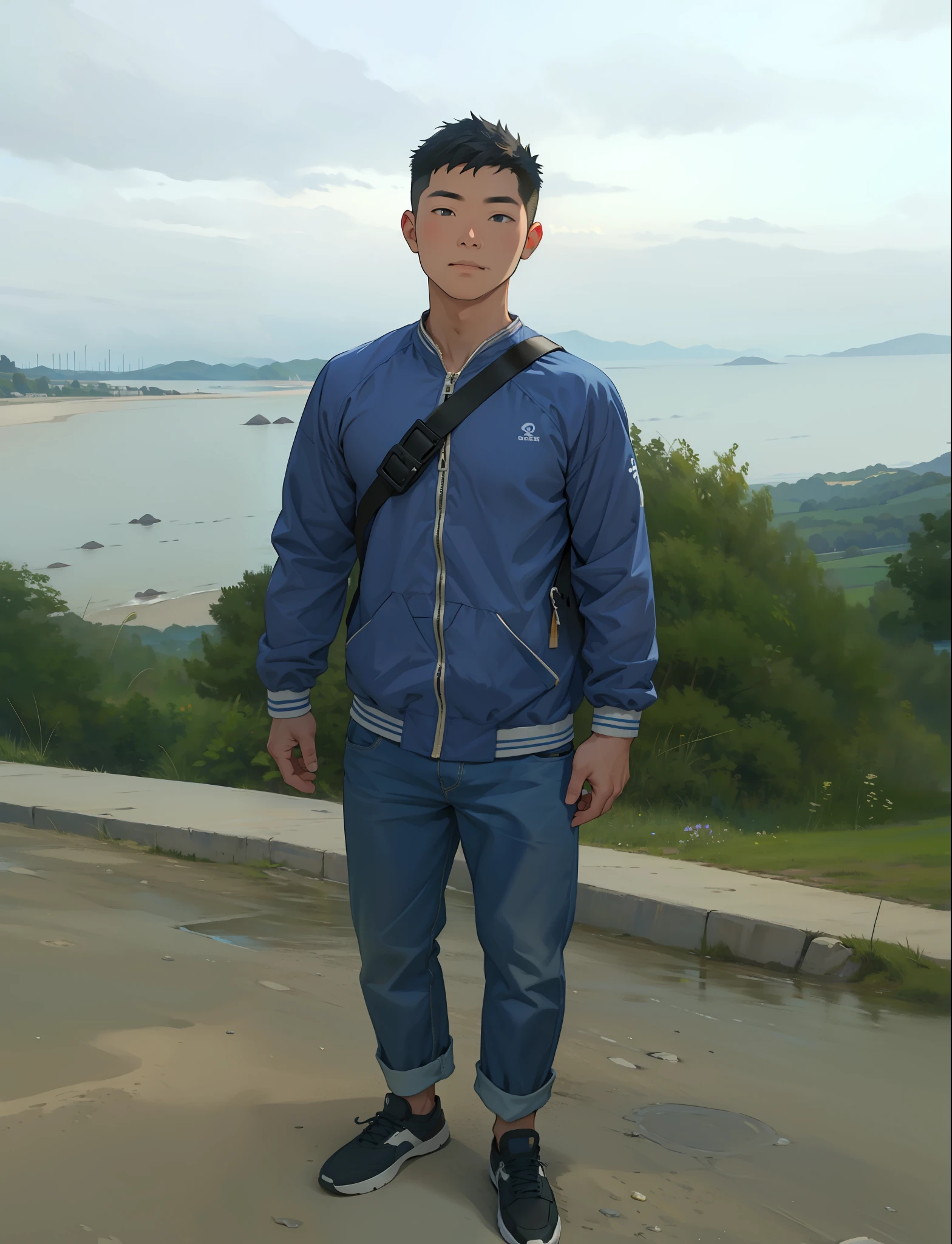 Arafed man standing on a road with a backpack on his shoulder - SeaArt AI