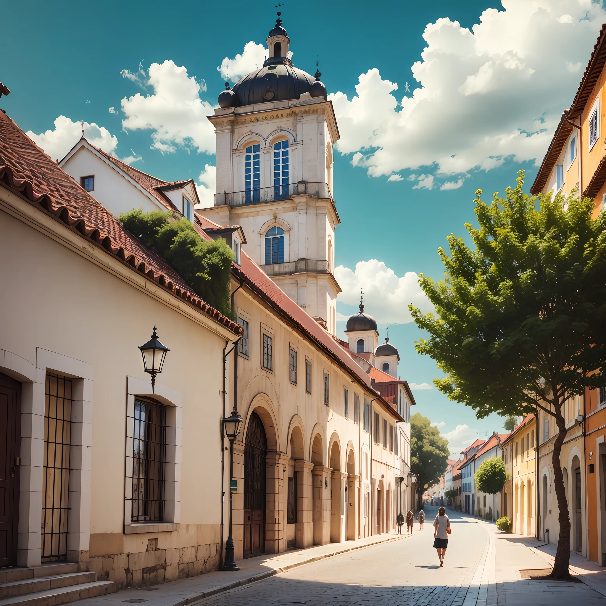 Arafed view of a street with a clock tower in the distance - SeaArt AI