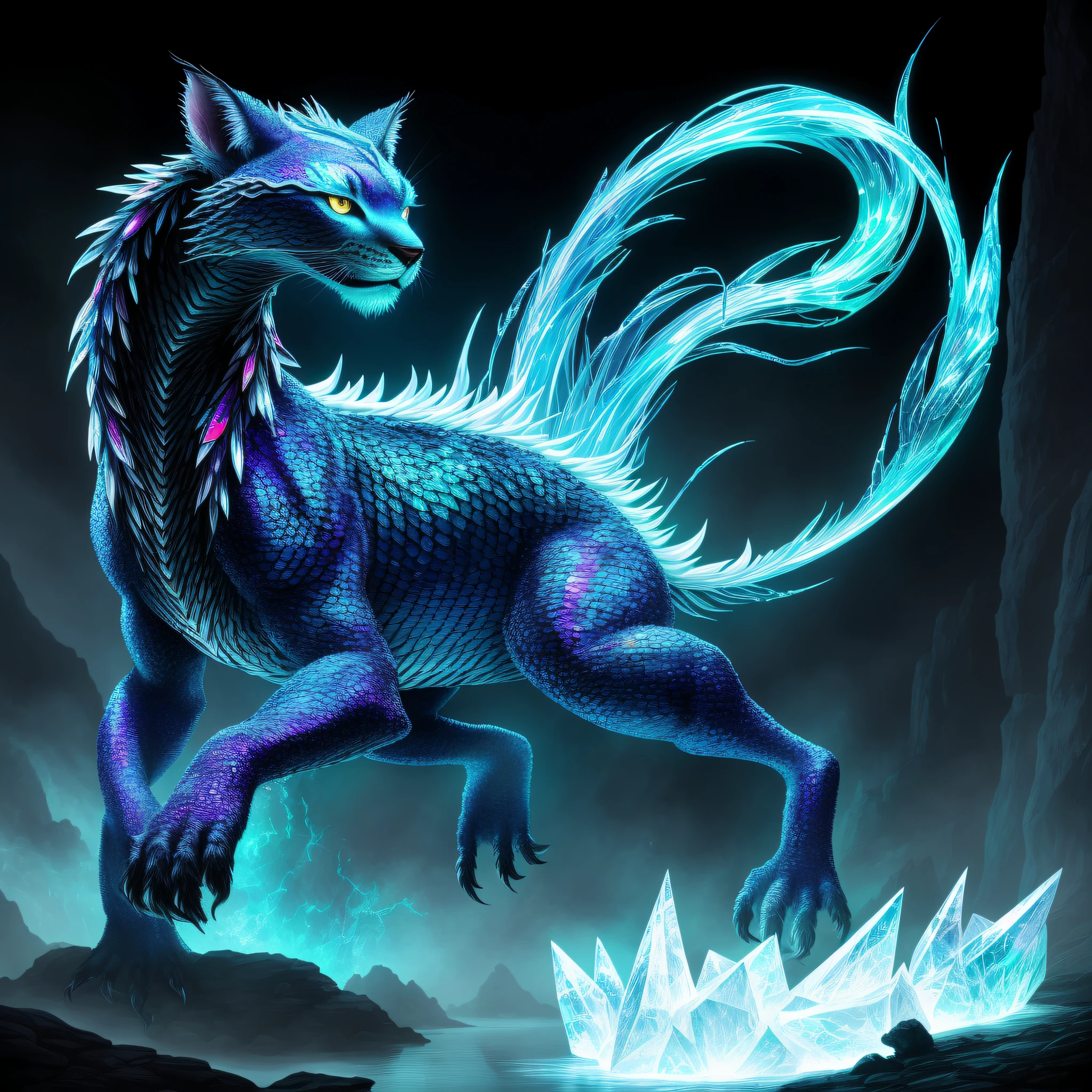 A blue dragon with a long tail and a glowing tail - SeaArt AI