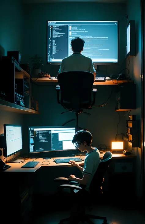 A nerdy boy is programming in front of a computer in a room full of ...