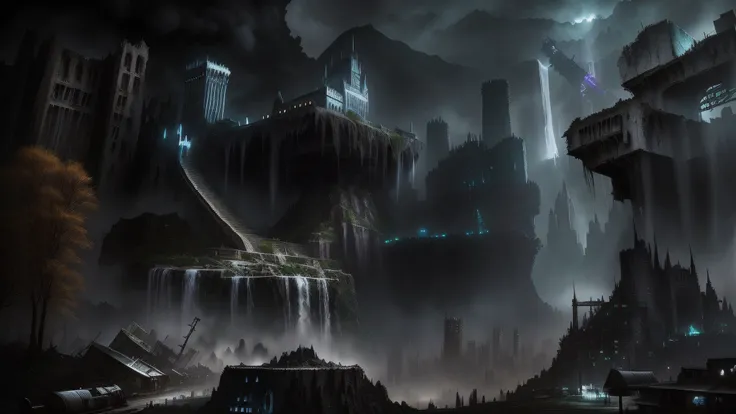 there is a dark city with a waterfall and a castle in the background ...