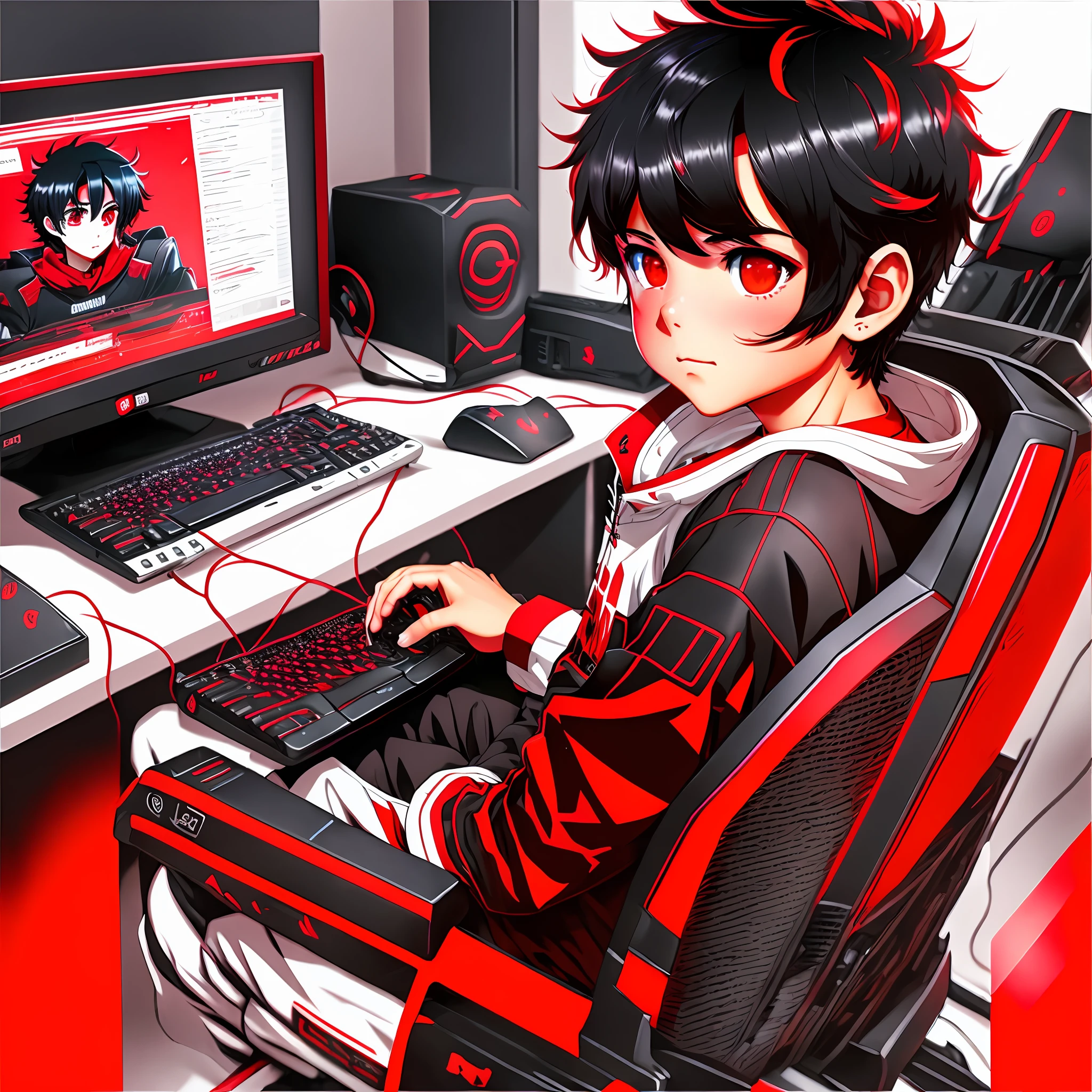 Anime boy sitting in a chair with a laptop and a monitor - SeaArt AI