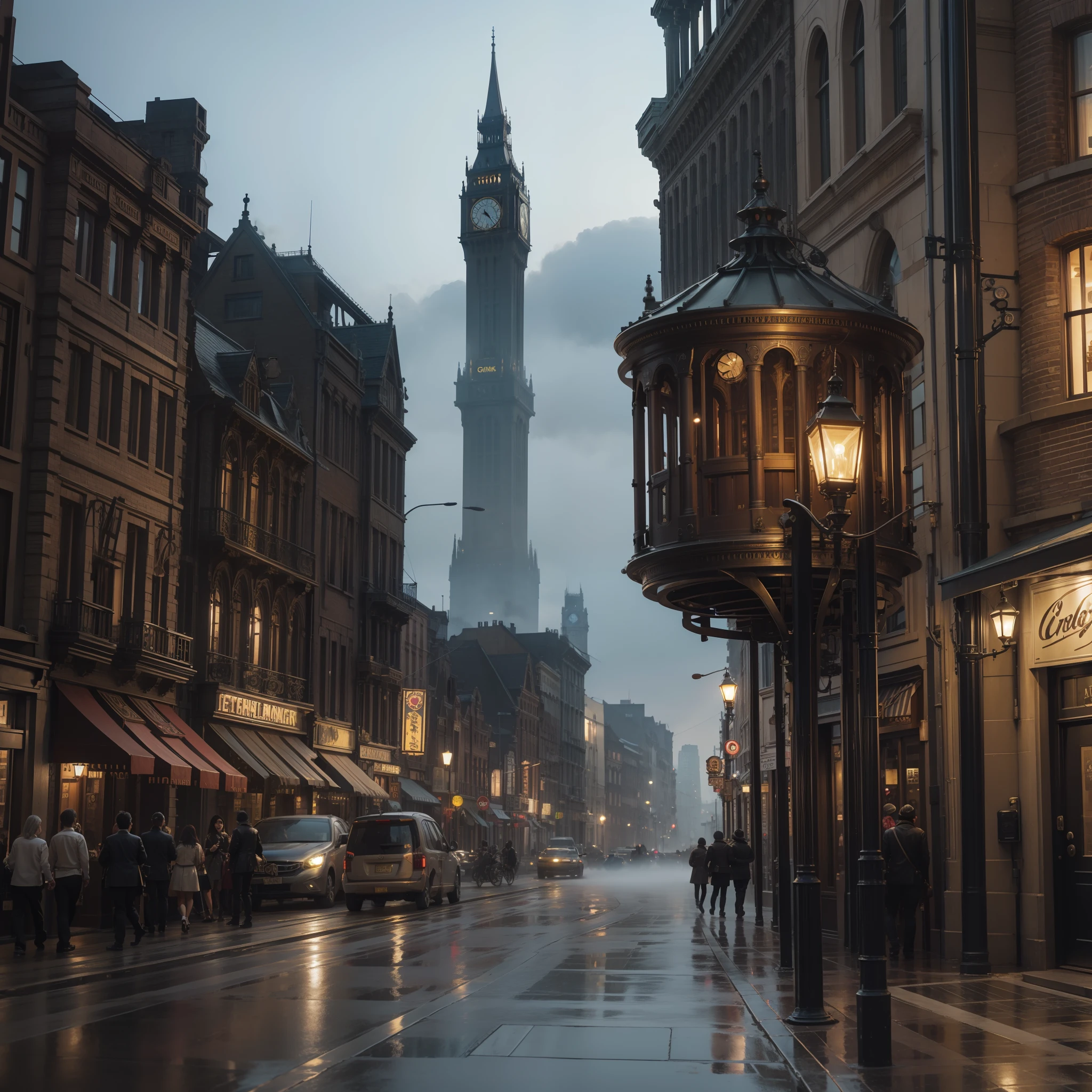 steampunk, cityscape, high clock tower, retro building, sidewalk - SeaArt AI