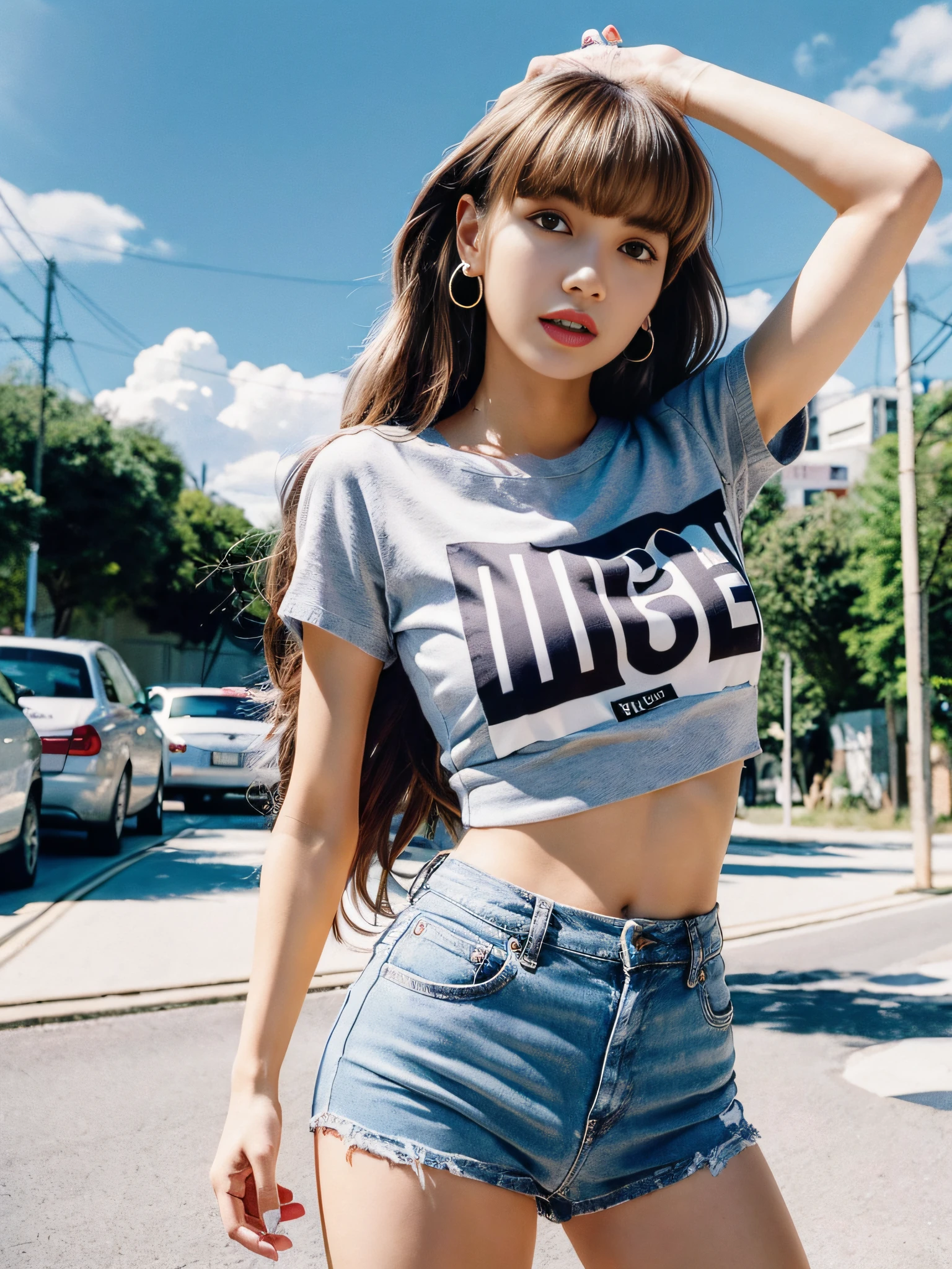 A woman in a grey shirt and denim shorts posing on the street - SeaArt AI