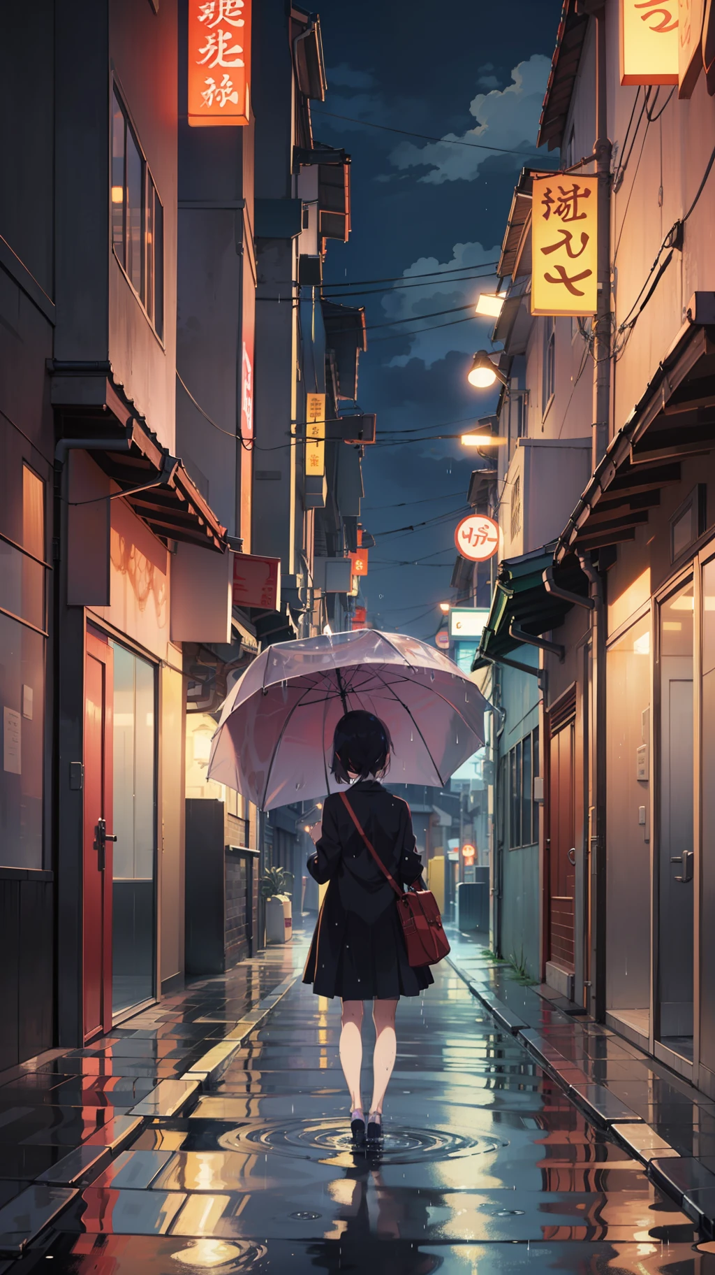 Anime girl walking down a rain soaked street holding an umbrella ...