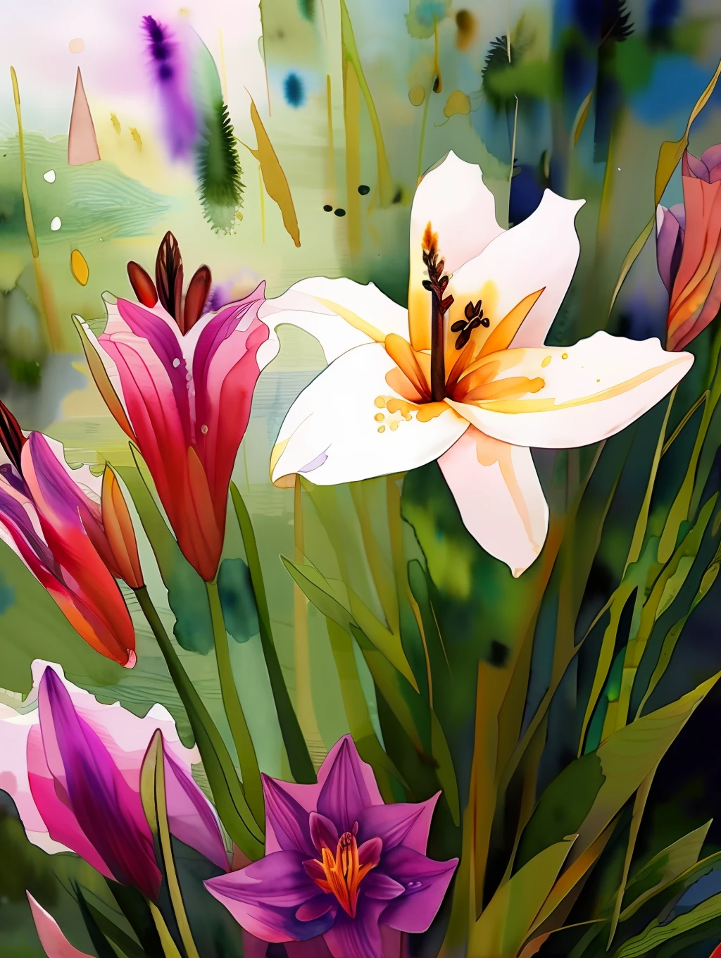 acuarela style, (lirios) arte digital, arte oficial, soplado por el ...