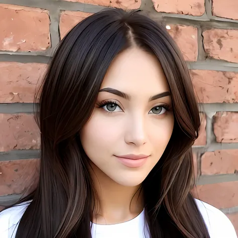 Photo of a 20 year old brunette woman, that has a very natural face, thin lips, thin eyes, thin ...