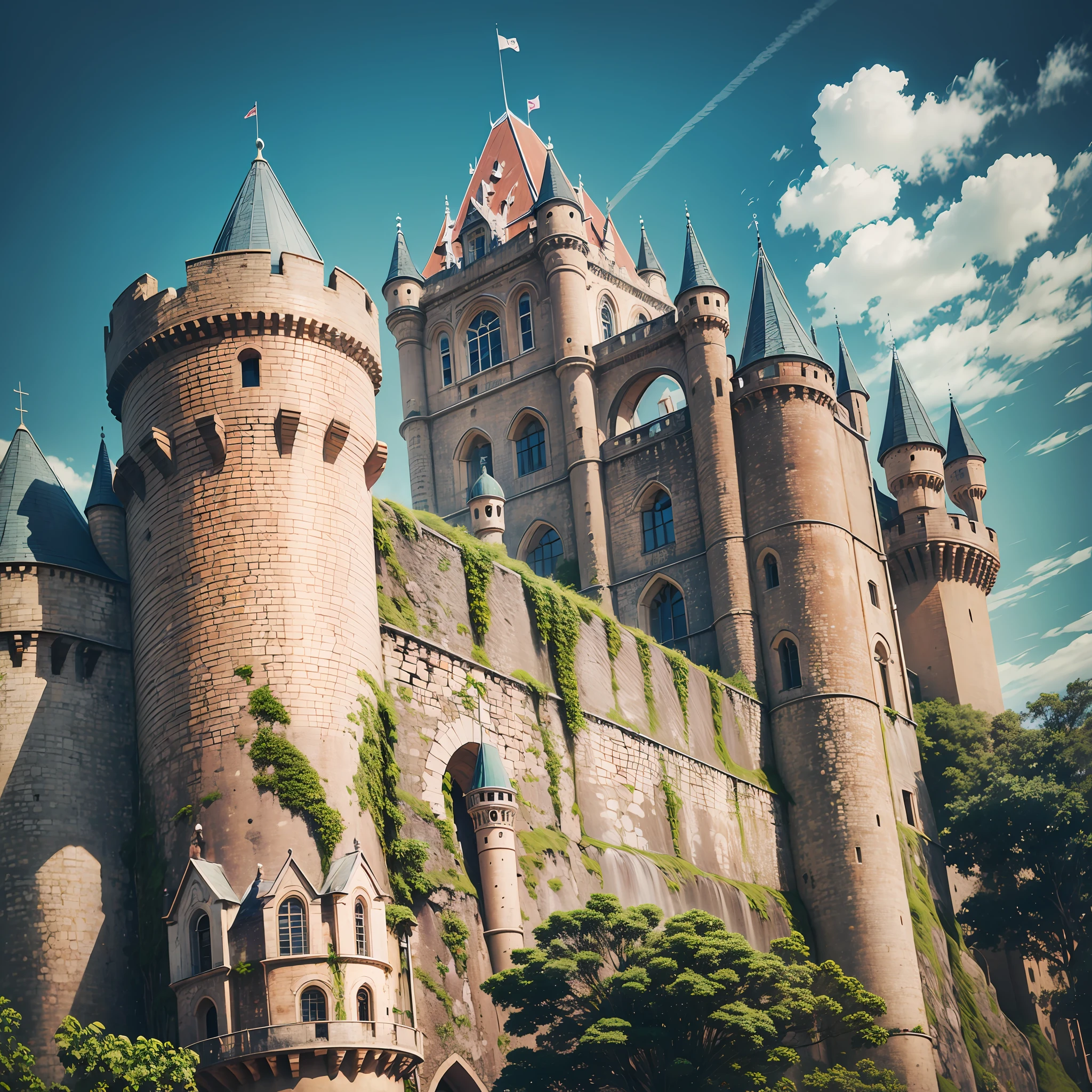 Arafed castle with a clock tower and a steeple on a hill - SeaArt AI