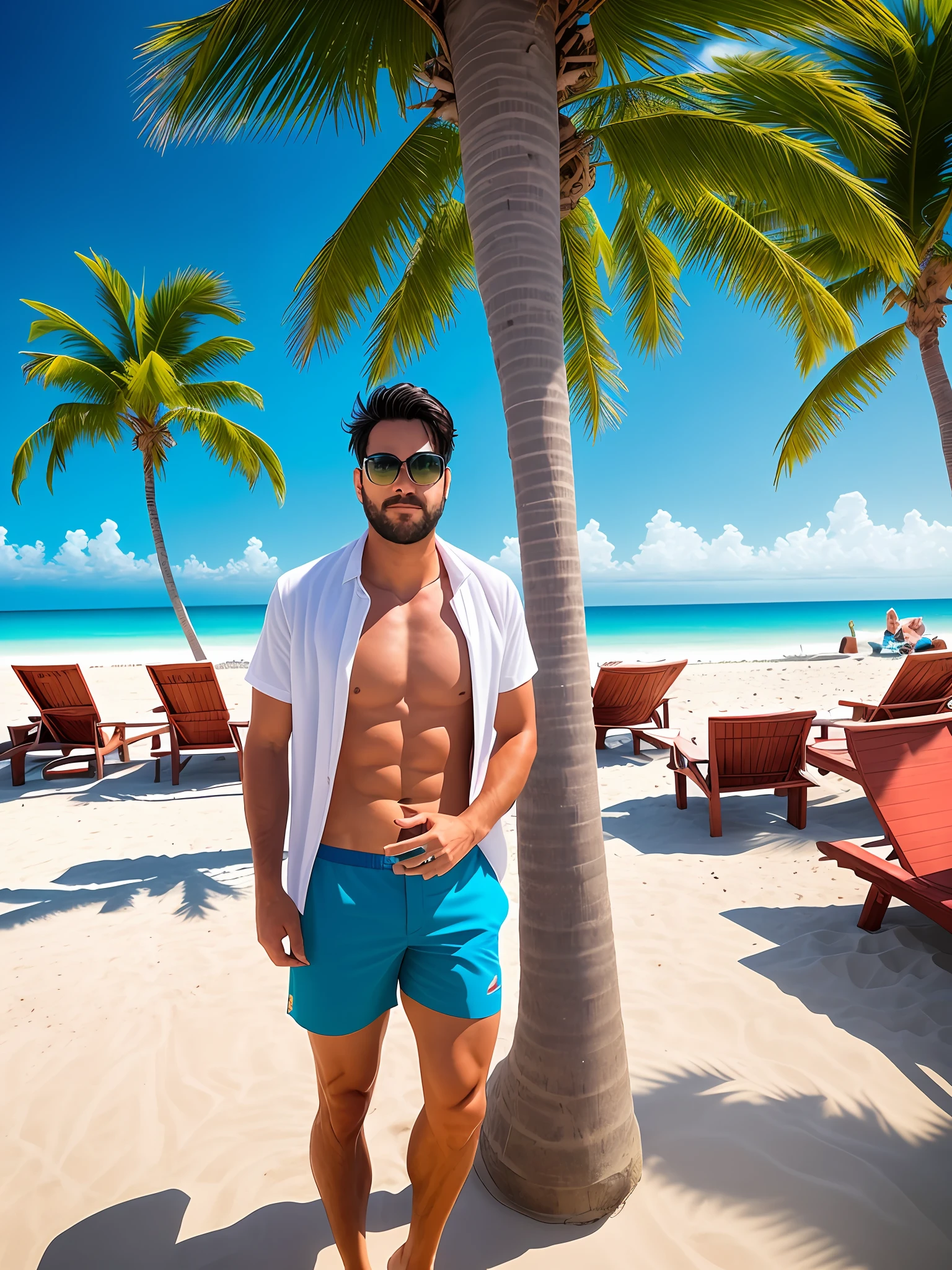 Arafed man standing on a beach with a palm tree - SeaArt AI