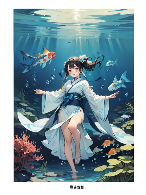 A girl in Chinese Hanfu, Peking Opera elements,swim underwater, yellows ...
