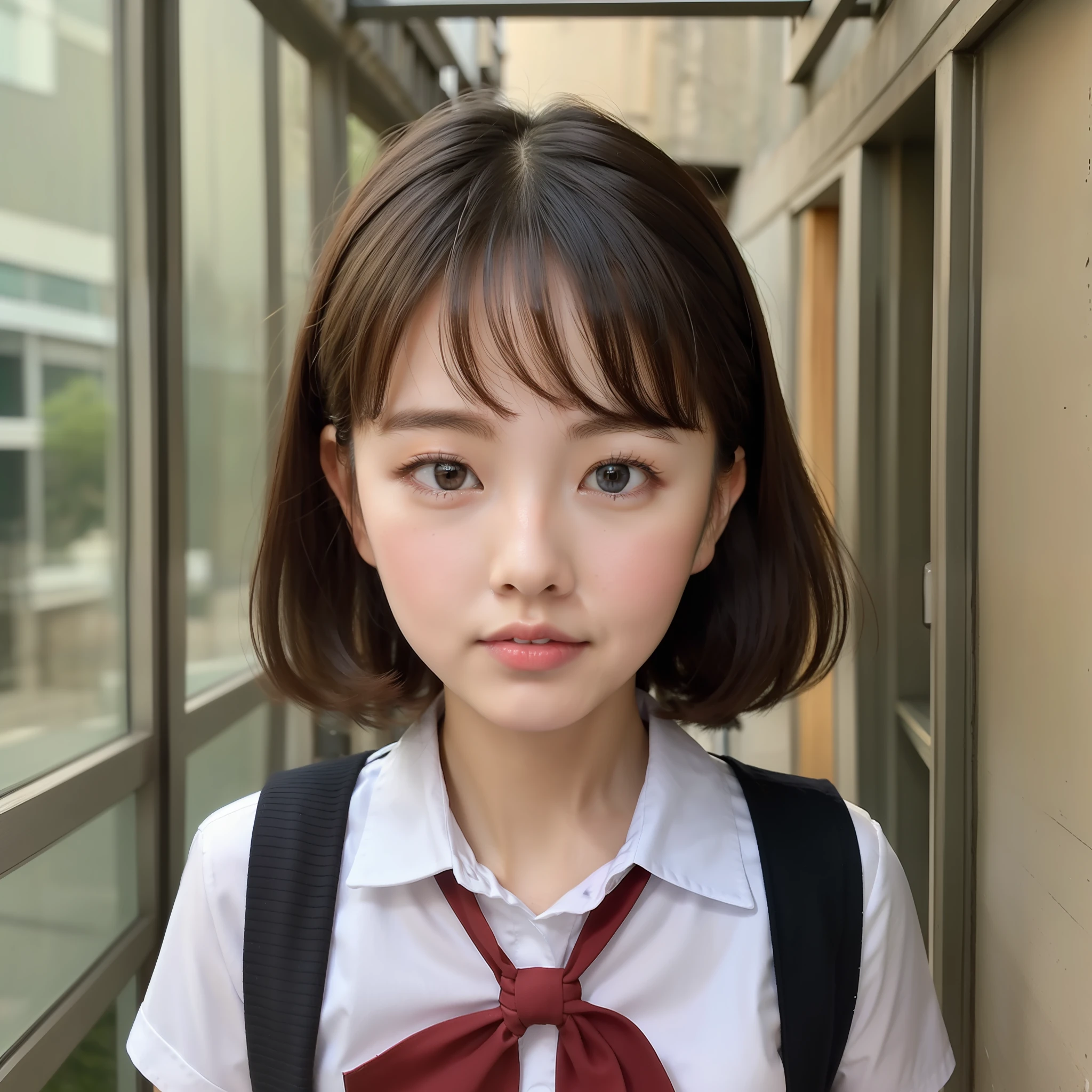 Cute High School Girl Looking At Camera、short Cut、up Shot Of The Face、summer Uniform、from Front