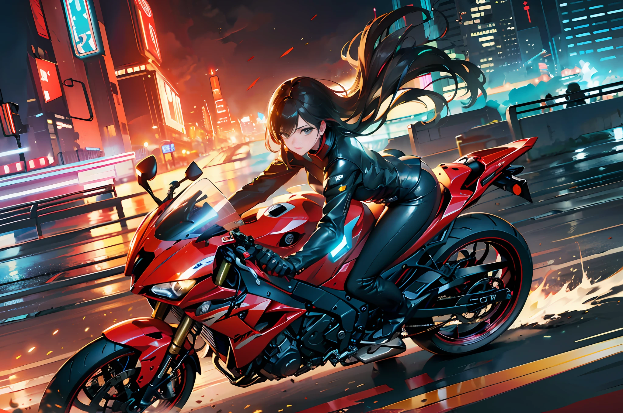 Anime girl riding a red motorcycle in the rain at night - SeaArt AI