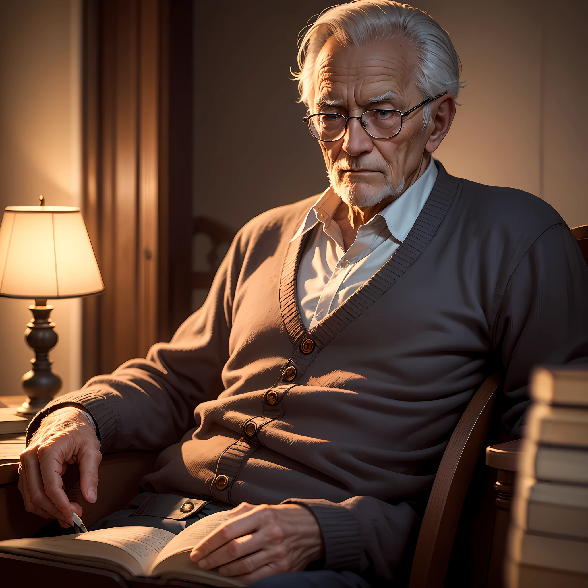 an old man reading an old book, twilight light, warm atmosphere ...