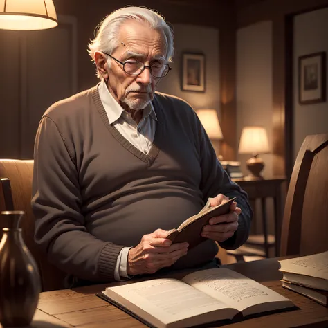 an old man reading an old book, looking forward, twilight light, warm ...