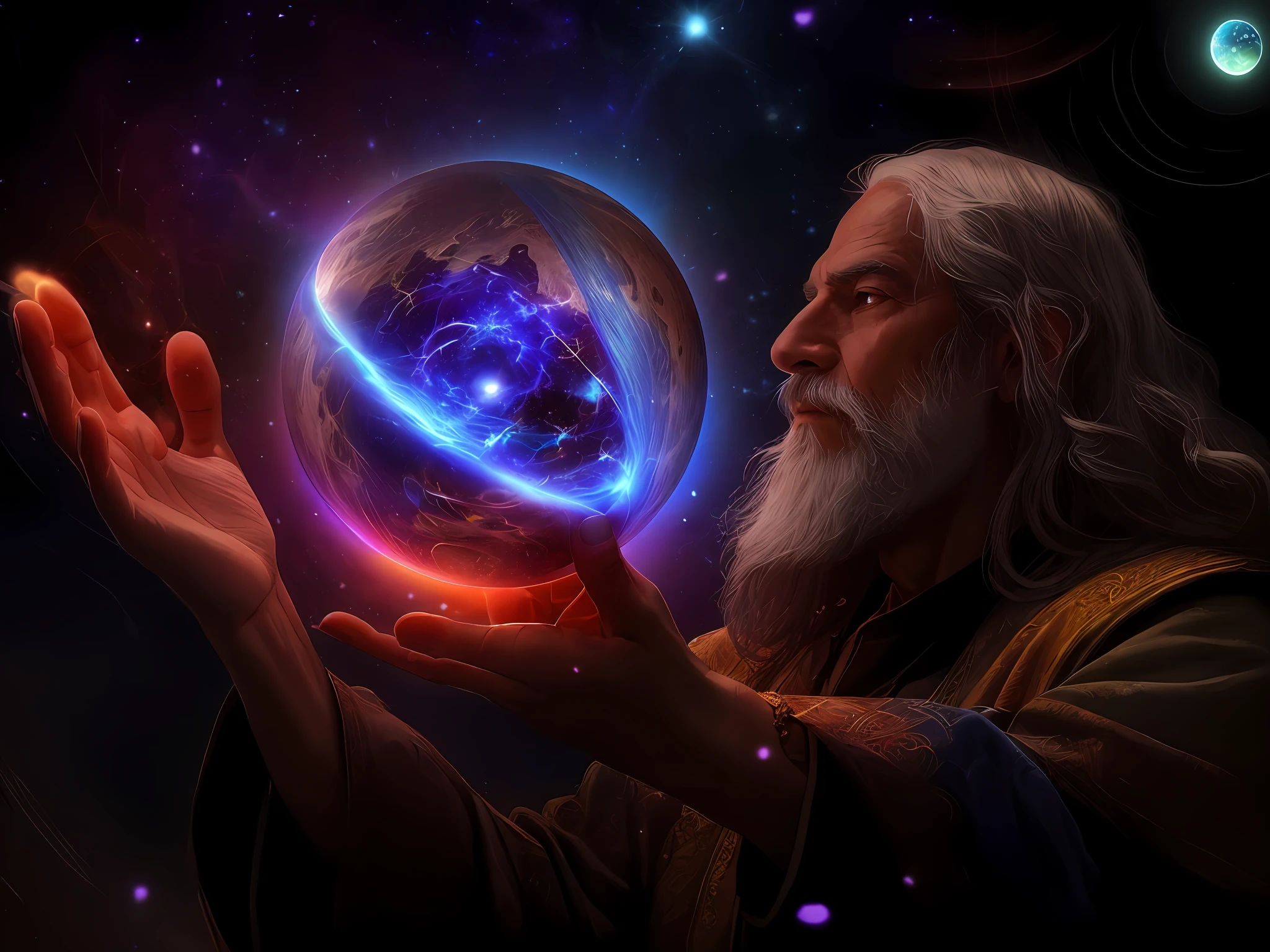 Image of a man holding a planet in his hands, wizard pondering his orb, the creator of the earth ...