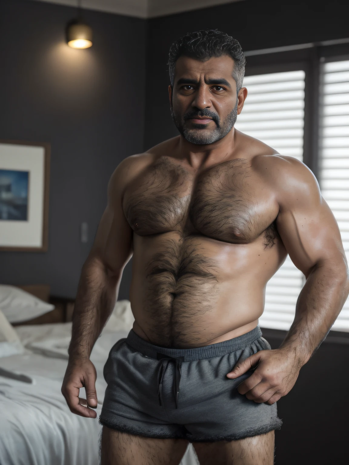 An intense cinematic scene, featuring a Arabic 50yo man real-life setting, with an adult man ...