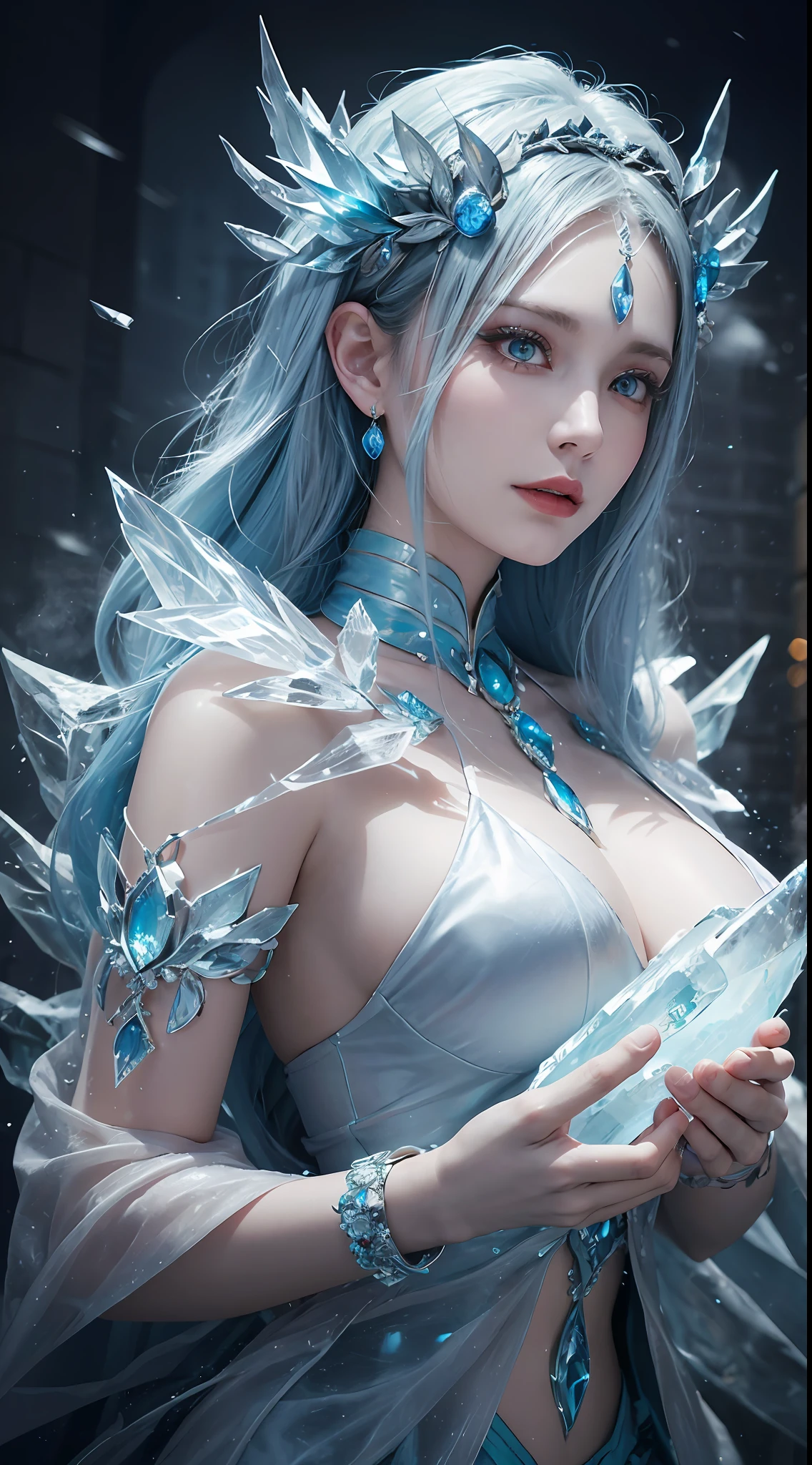 a beautiful ice goddess, ice witch, pure ice elemental spirit, intricate design and details ...