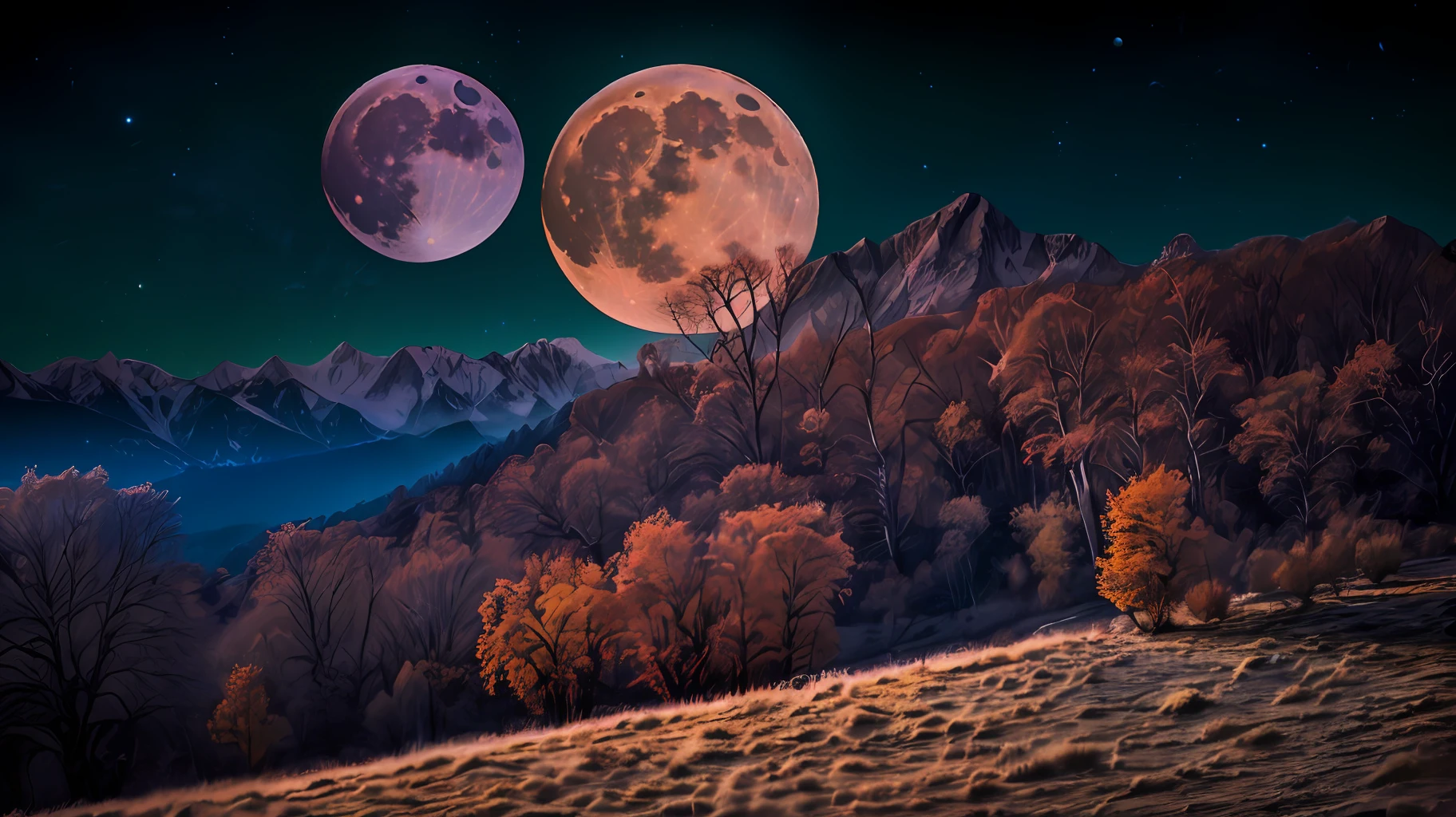 A close up of two full moons over a mountain range - SeaArt AI