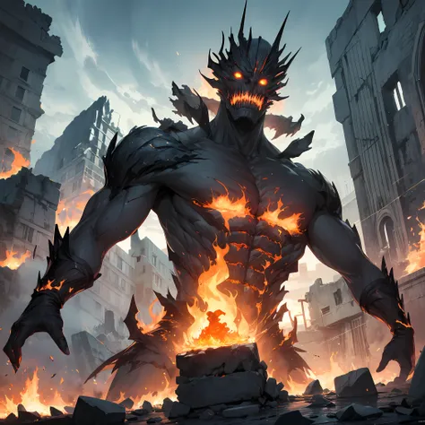 One, huge, terrifying, hideous stone man with the ruins of the night in ...