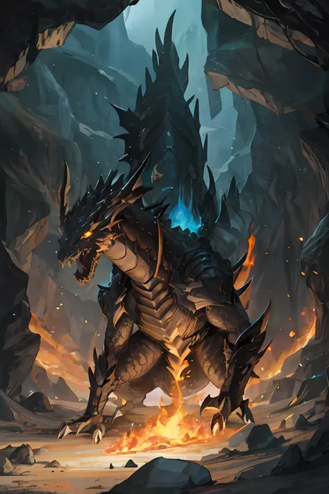 a dragon with a flame in its mouth is standing in a cave, deathwing ...