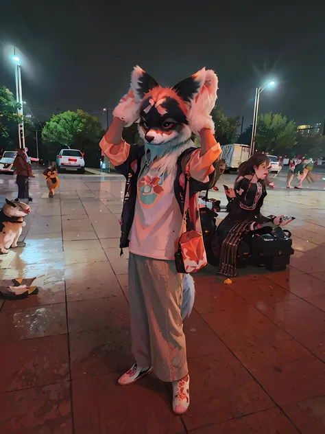 there is a man in a costume with a cat mask and a cat puppet, fursona ...
