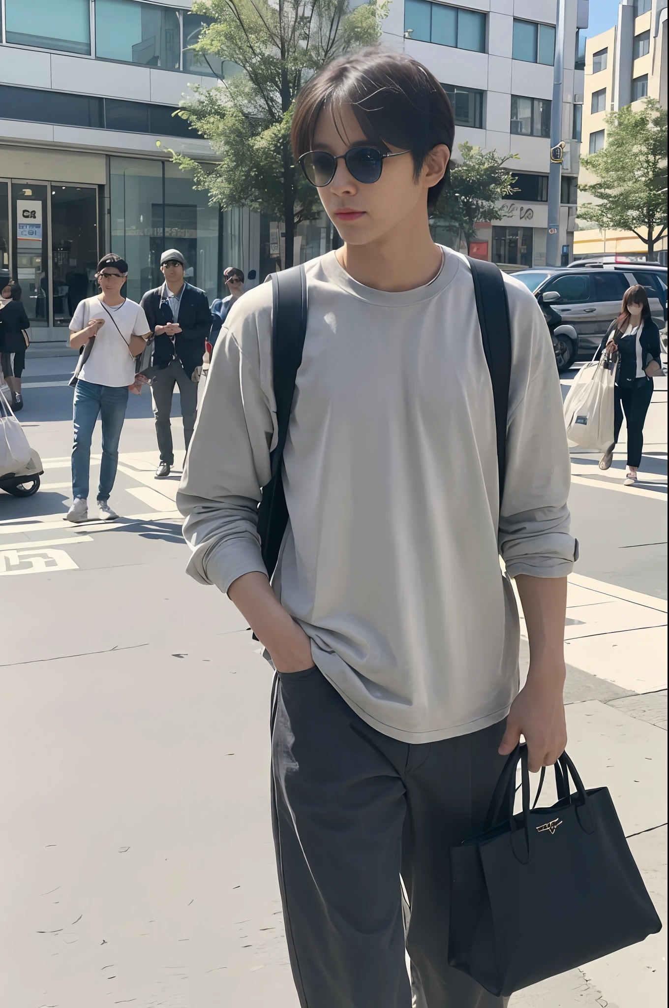 Araffe wearing a gray shirt and black bag walking down a street - SeaArt AI