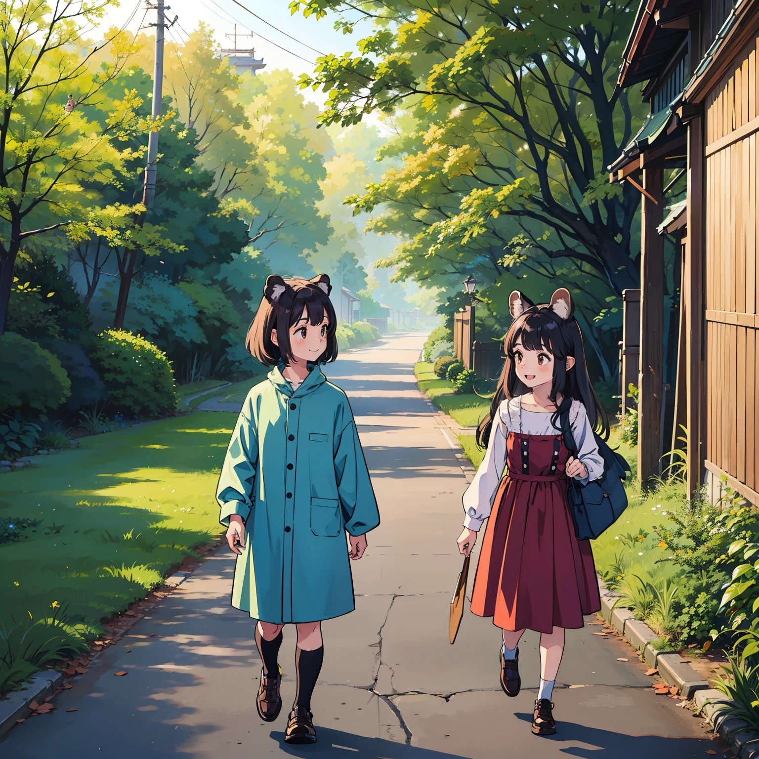 สาวหูทานูกิและสาวหูกระต่าย 1 3 คนสองคนเดินเคียงข้างกันบนถนนในชนบท