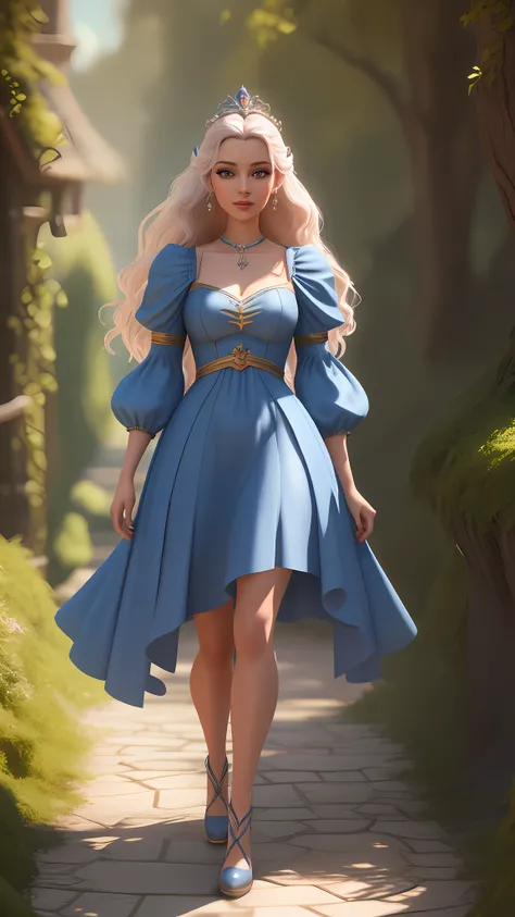 arafed image of a woman in a blue dress walking down a path, photorealistic disney, 3 d render ...