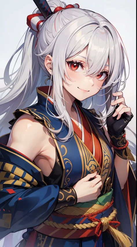 Young guy, long white hair, high ponytail, red eyes, blue sleeveless samurai kimono - SeaArt AI