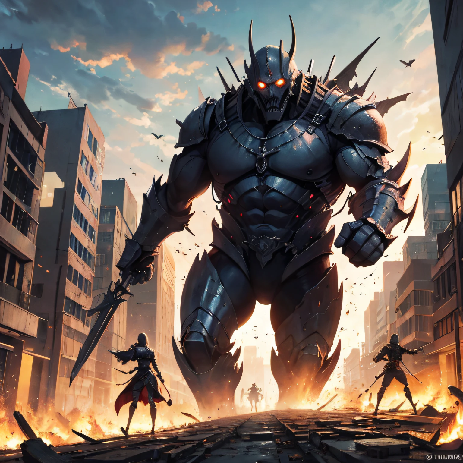 A huge titan destroying a medieval metropolis, big buildings, humanoid ...