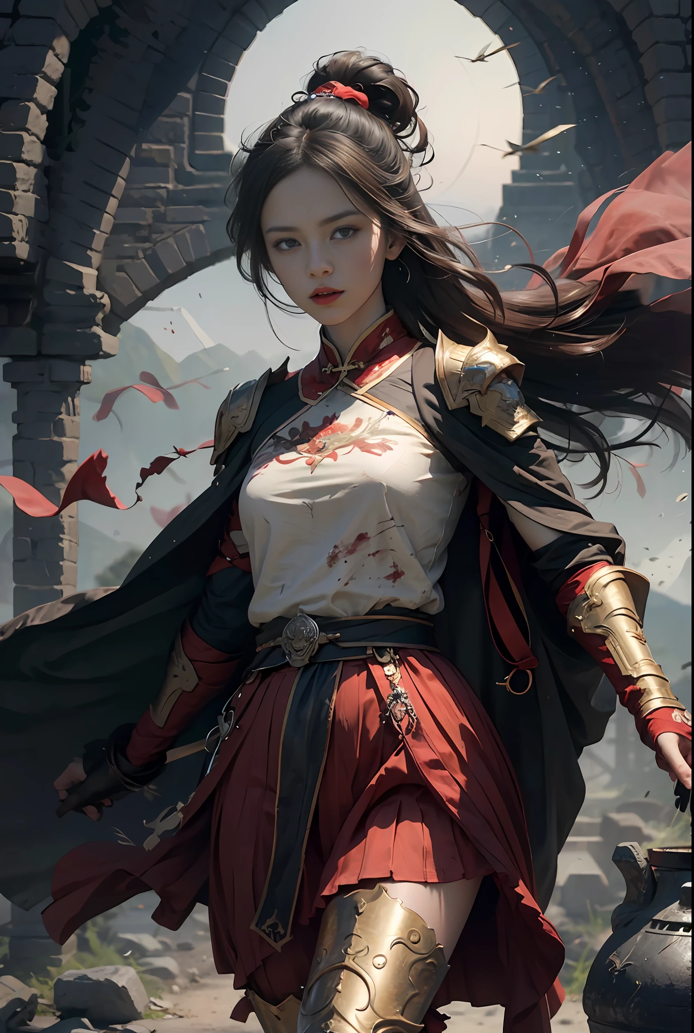 A woman in a red and gold outfit holding a sword - SeaArt AI