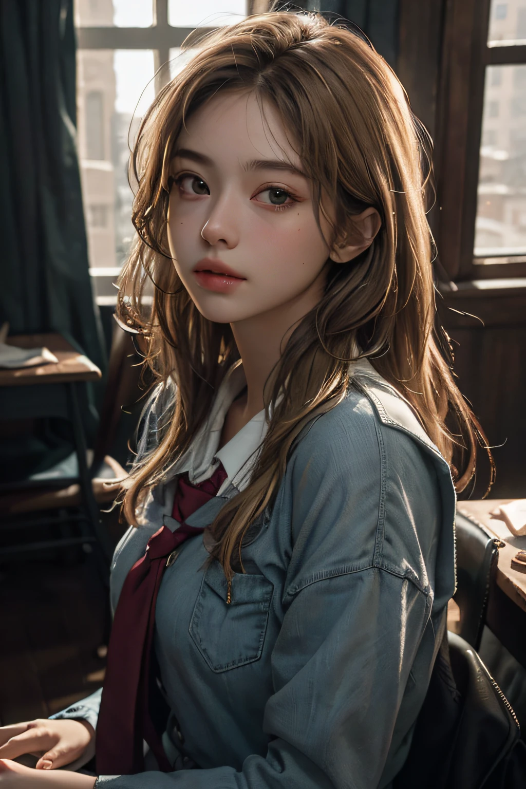 A close up of a woman wearing a tie and a denim shirt - SeaArt AI