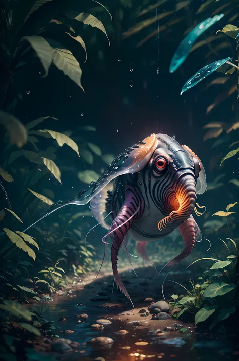 Small, Serpentine creature with many legs, Head like a squid, big eyes ...