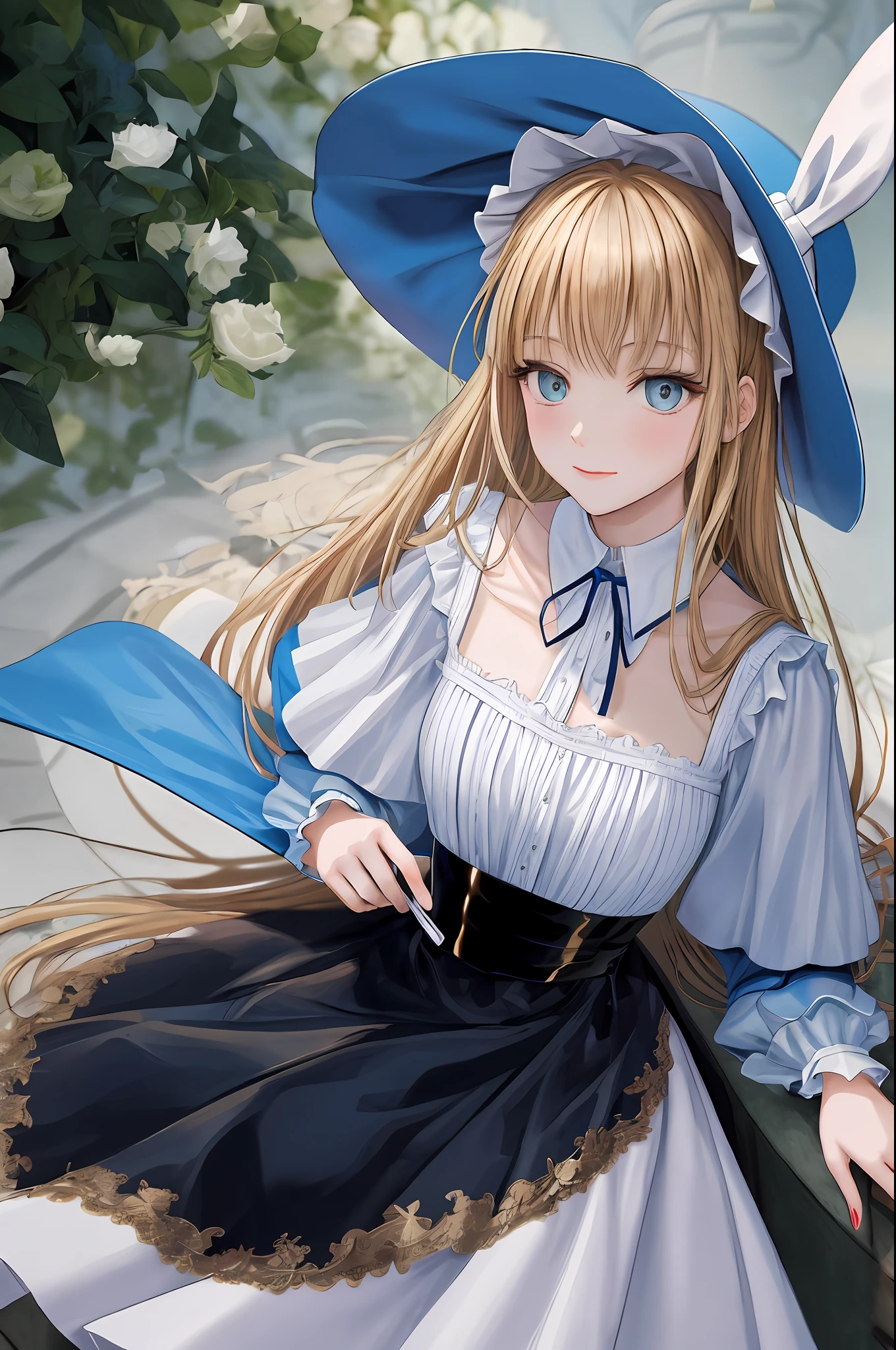Anime girl in a blue hat and black dress sitting on a bench - SeaArt AI