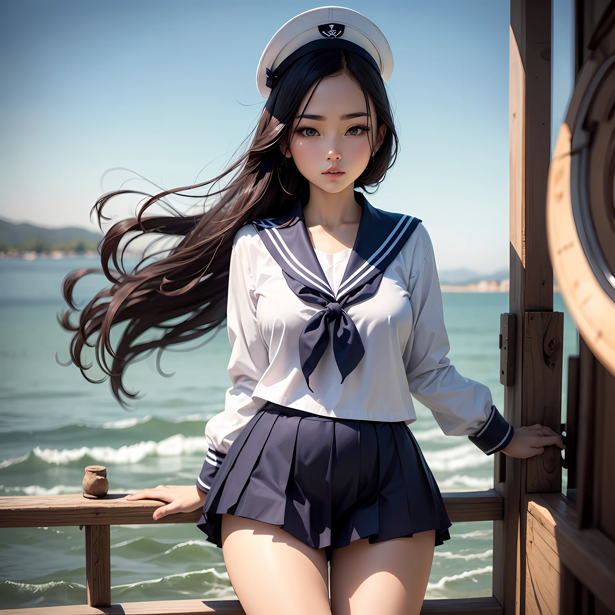 Arafed asian woman in sailor outfit posing on a pier - SeaArt AI