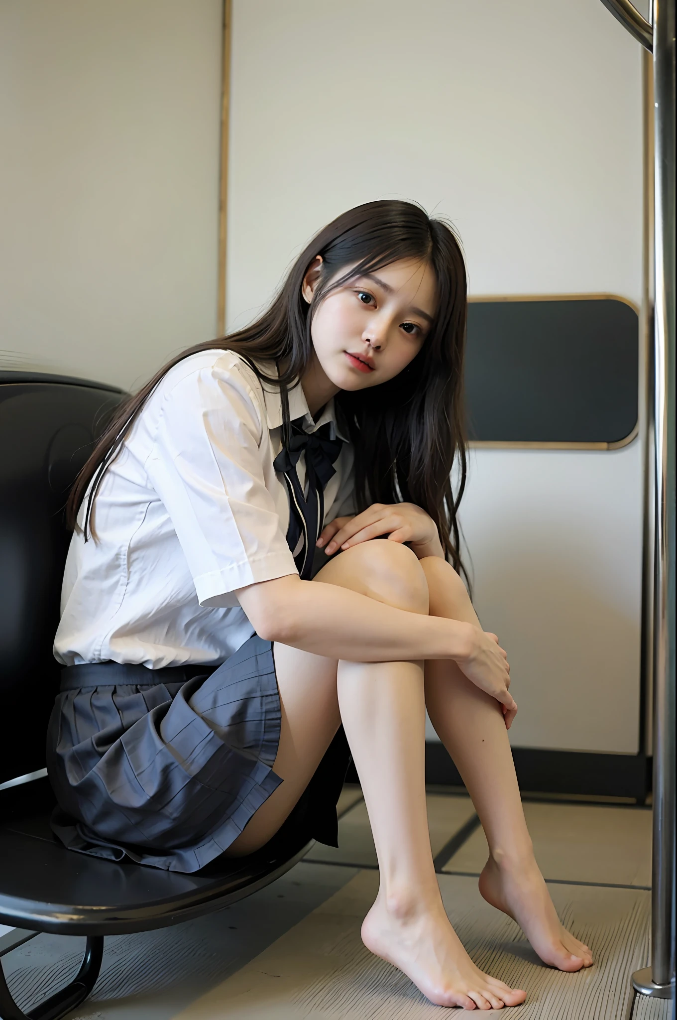 Low angle shot,arafed asian woman in a short skirt and bow tie sitting on a train, cute ...