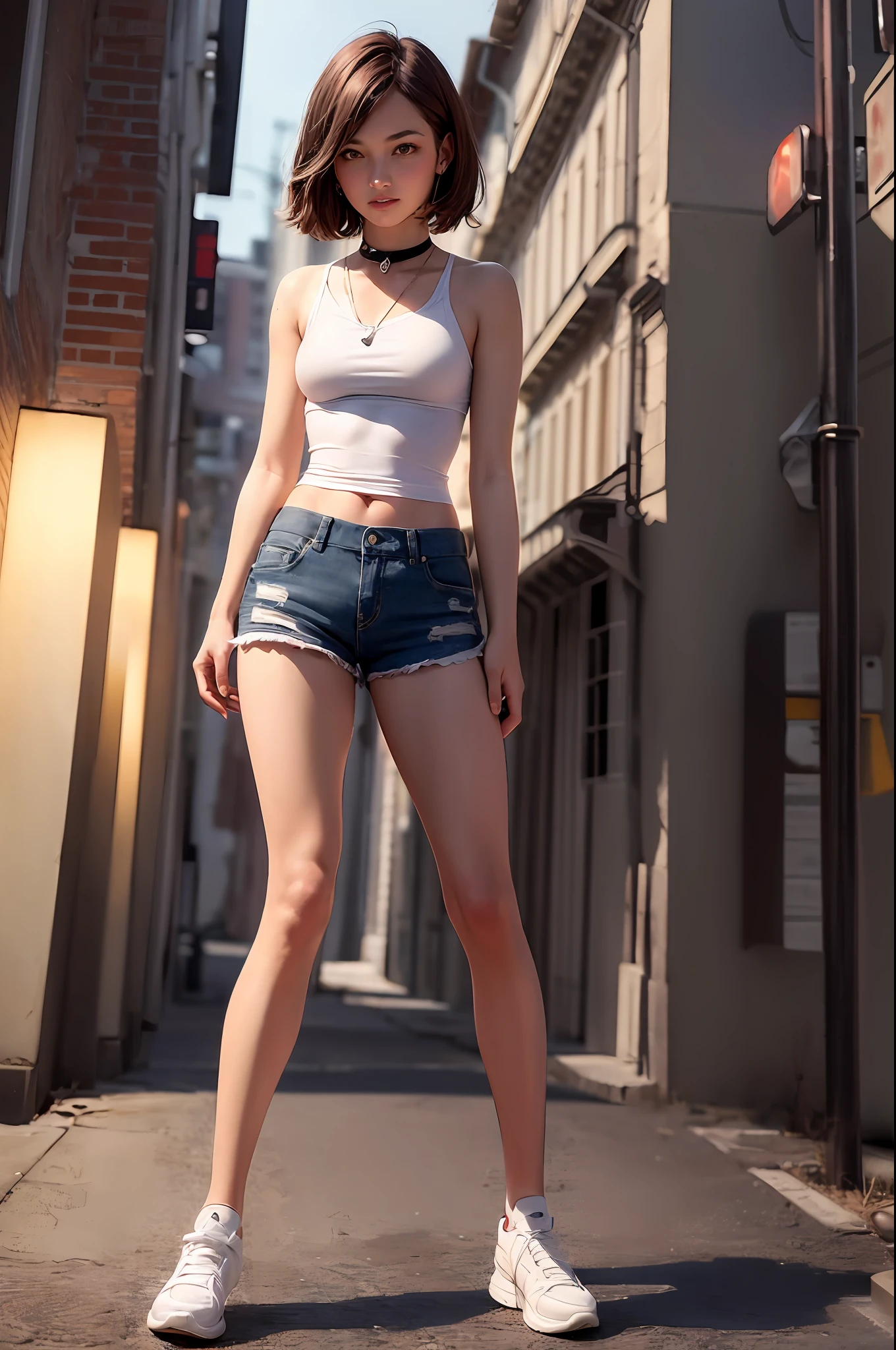 Arafed asian woman in a white top and denim shorts posing for a picture - SeaArt AI