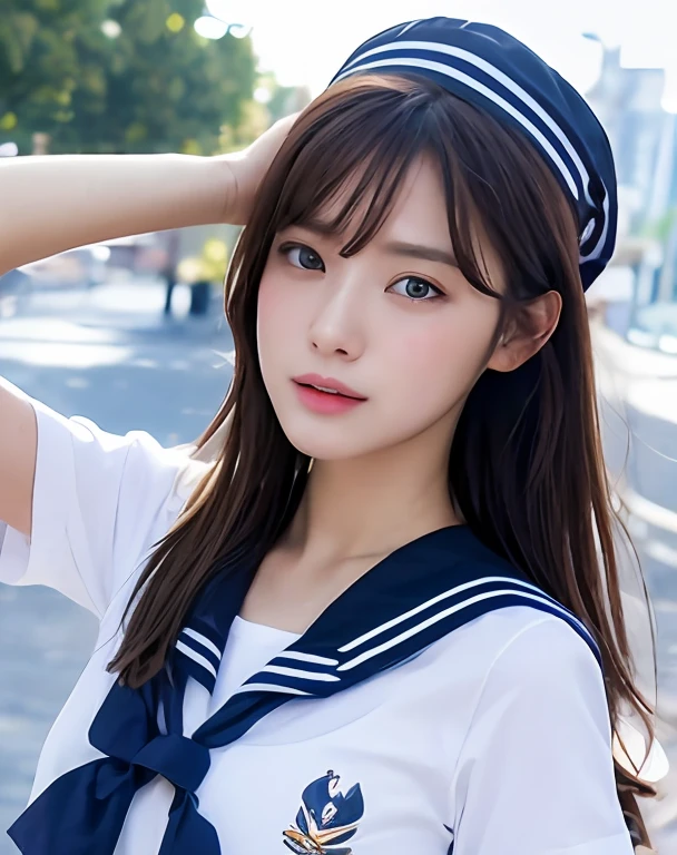 Arafed asian woman in sailor outfit posing for a picture - SeaArt AI