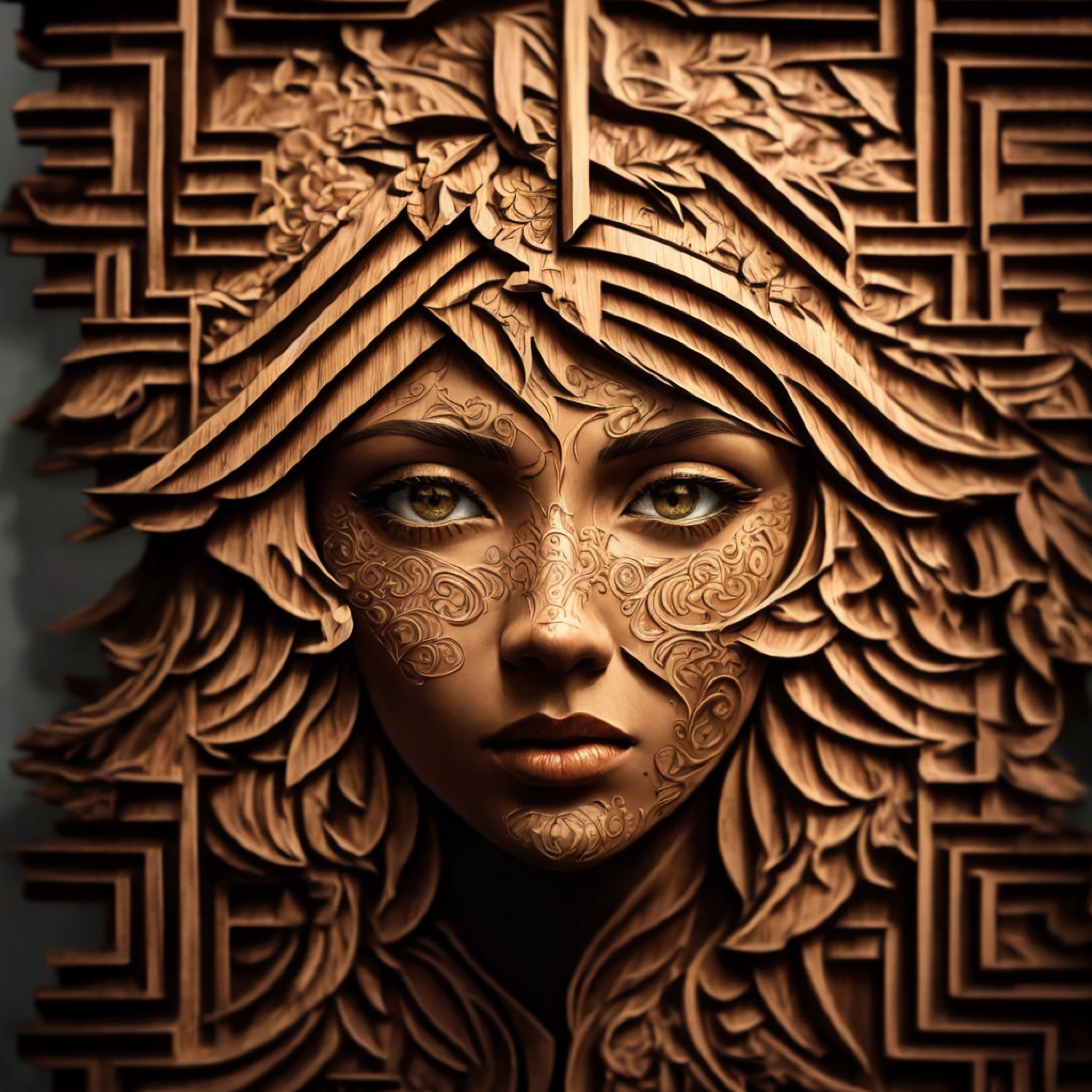 Un primer plano de una talla de madera de la cara de una mujer, cara intrincada, intricate cara ...