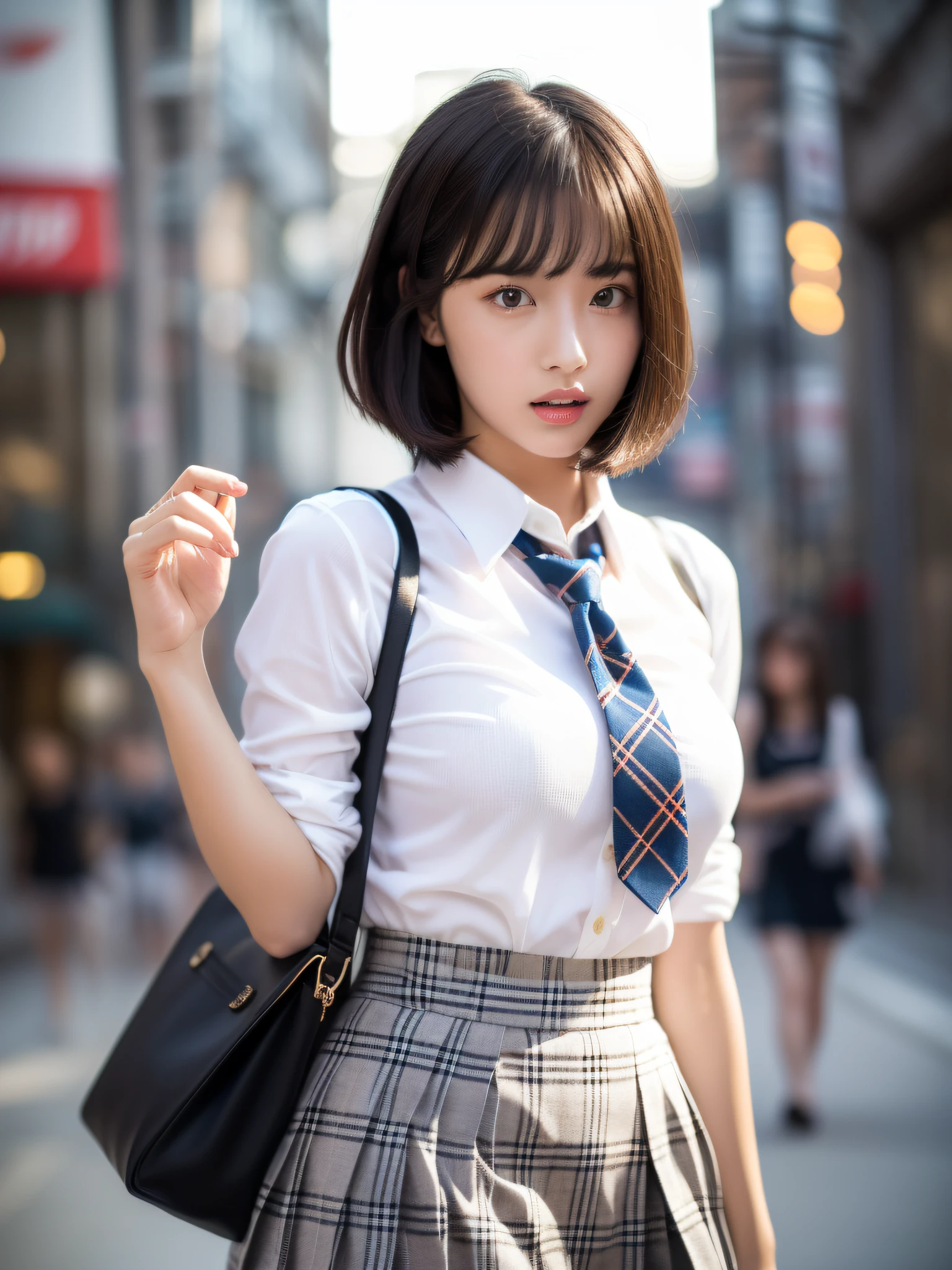 Arafed asian woman in a skirt and tie walking down a street - SeaArt AI