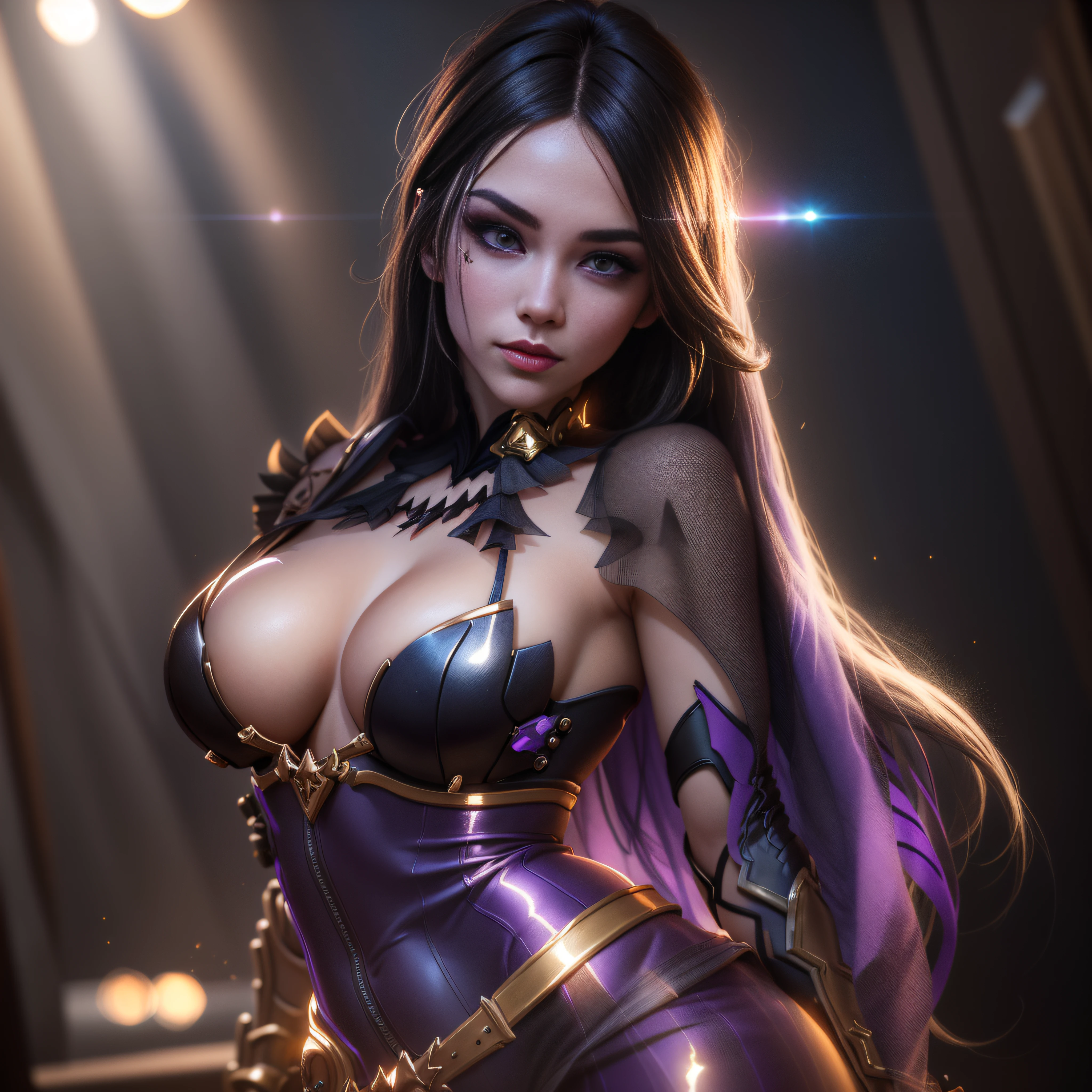 a close up of a woman in a purple outfit posing, wlop and artgerm, 8k high quality detailed art ...