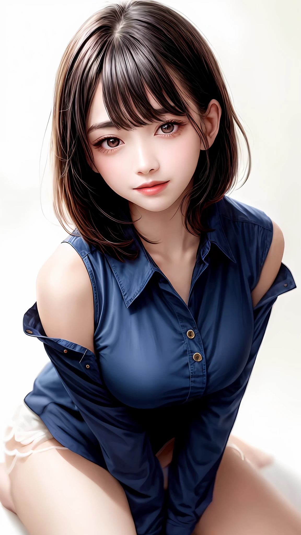 A close up of a woman in a blue shirt posing for a picture - SeaArt AI