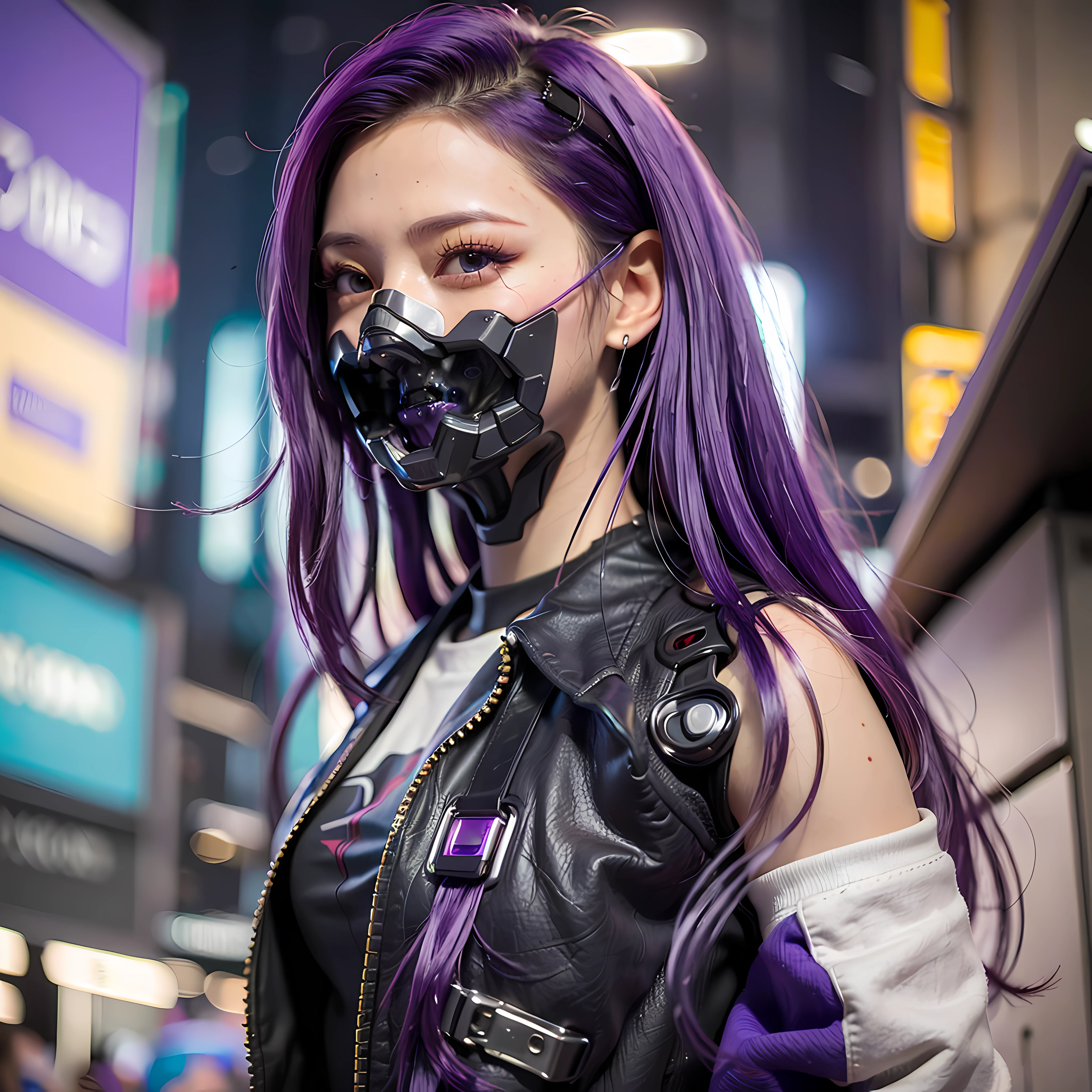 Araffe wearing a black mask and purple hair in a city - SeaArt AI