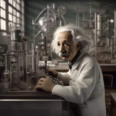Ultra-realistic image of physicist Albert Einstein in a laboratory ...
