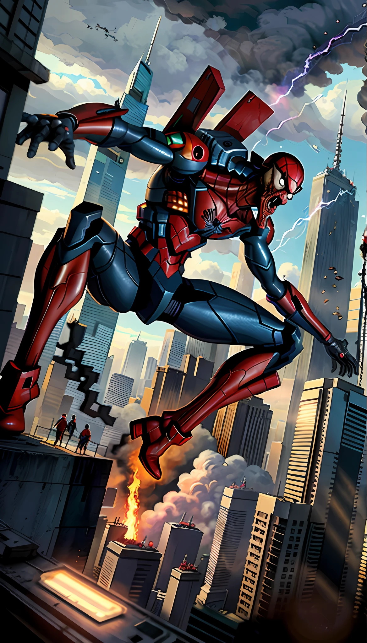 Spider - man flying over a city with a lightning bolt - SeaArt AI