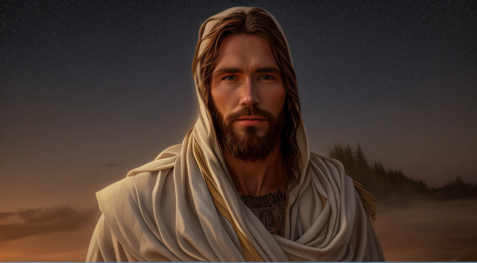 Jesus com barba e xale branco parado em um campo à noite com céu estrelado, portrait of Jesus ...