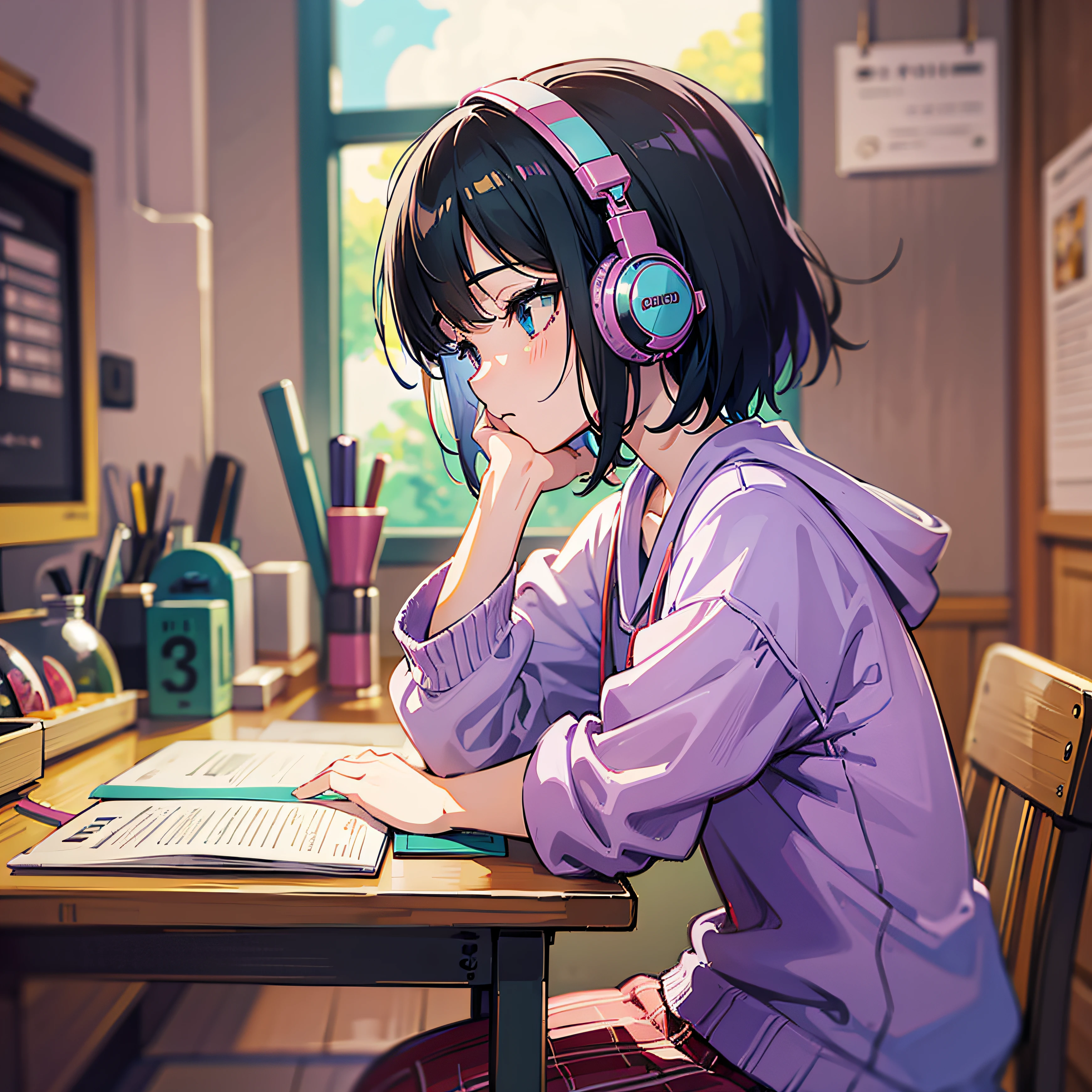 Anime girl with headphones sit - SeaArt AI